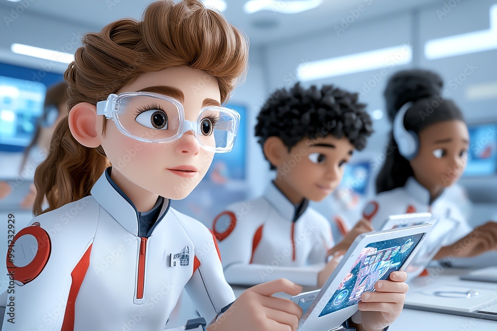 A 3D-animated group of students using futuristic tablets, where they ...