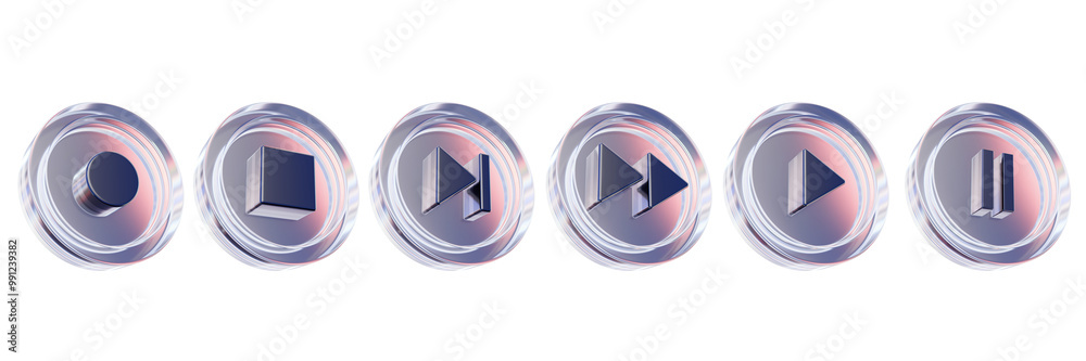 Video player button set, 3D glasses music play web sign, transparent circle rec, stop pause icon ...