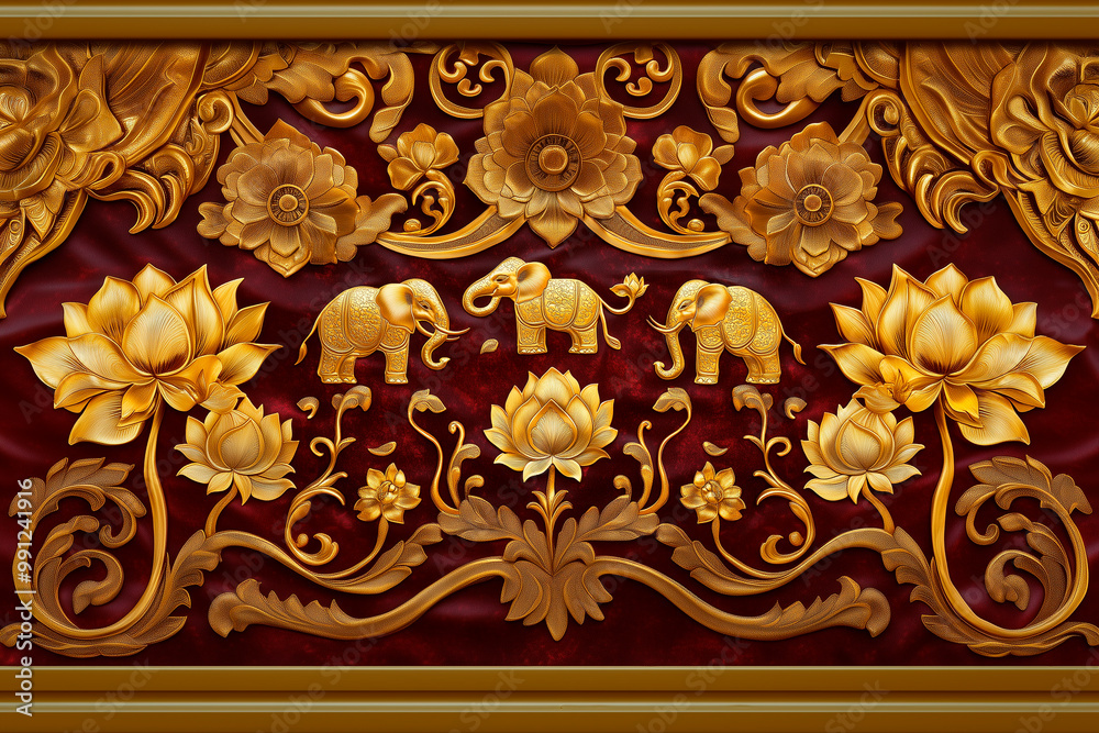 Thai silk pattern with golden lotus flowers, intricate swirls, and ...