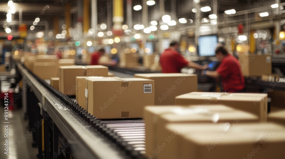 A busy postal facility with dozens of cardboard boxes moving along a ...
