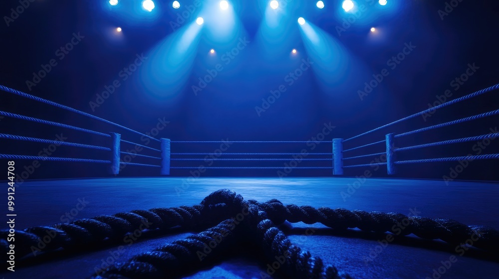 Spotlighted wrestling ring, anticipation building for a major match ...