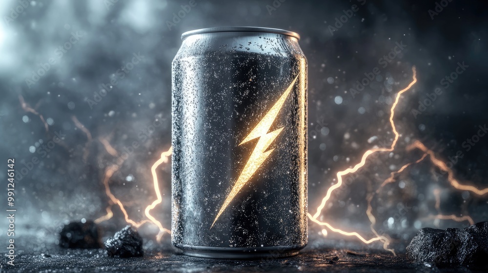 Aluminum can of energy drink with flashes of lightning, representing ...