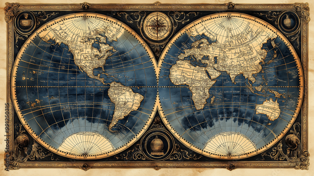 Antique world map showing the western and eastern hemispheres Stock ...