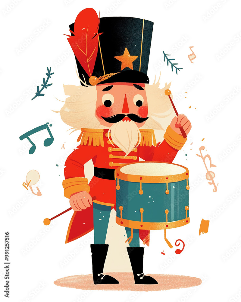 A cartoon nutcracker character dressed in a red uniform and a black hat ...
