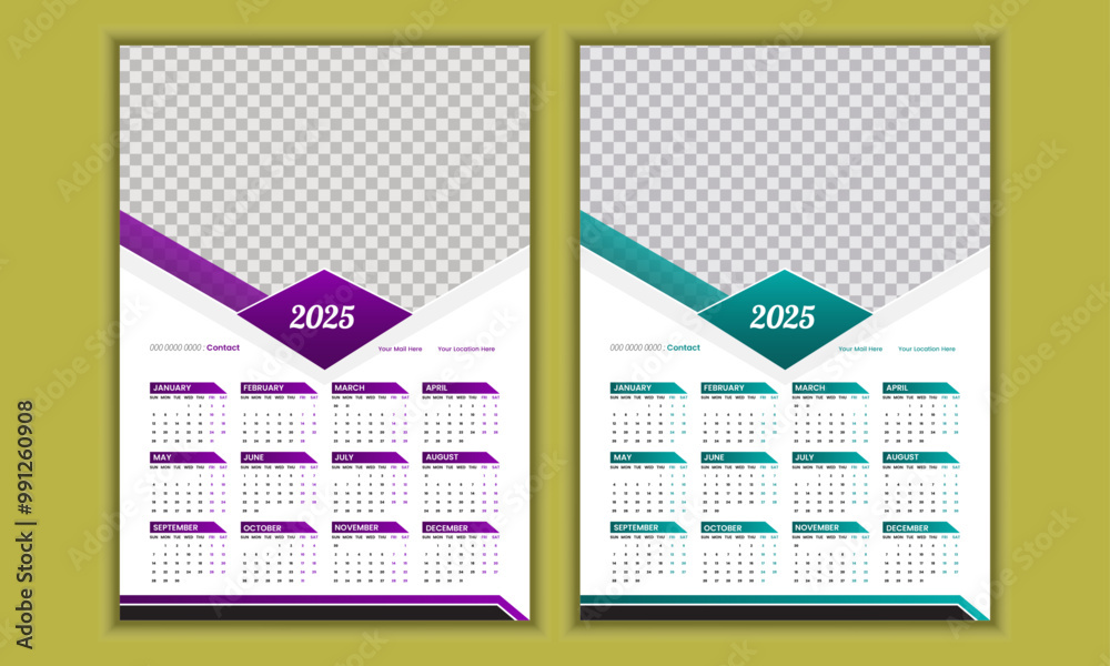 Modern One Page Print Ready wall calendar design 2025, schedule month ...