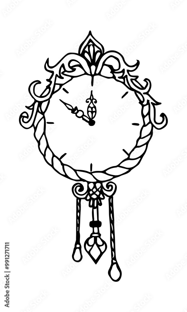 Wall clock, antique clock, hand-drawn, sketch, isolated image on a ...