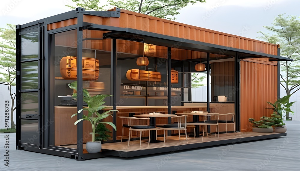 Asian-inspired modern café created from shipping containers, featuring ...