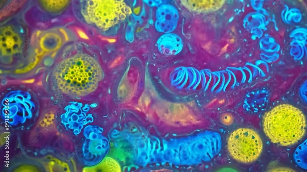 An intricate display of colorful microorganisms in various shapes and ...
