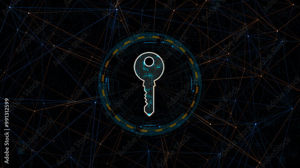 Blue digital security key logo with circle futuristic HUD elements and ...