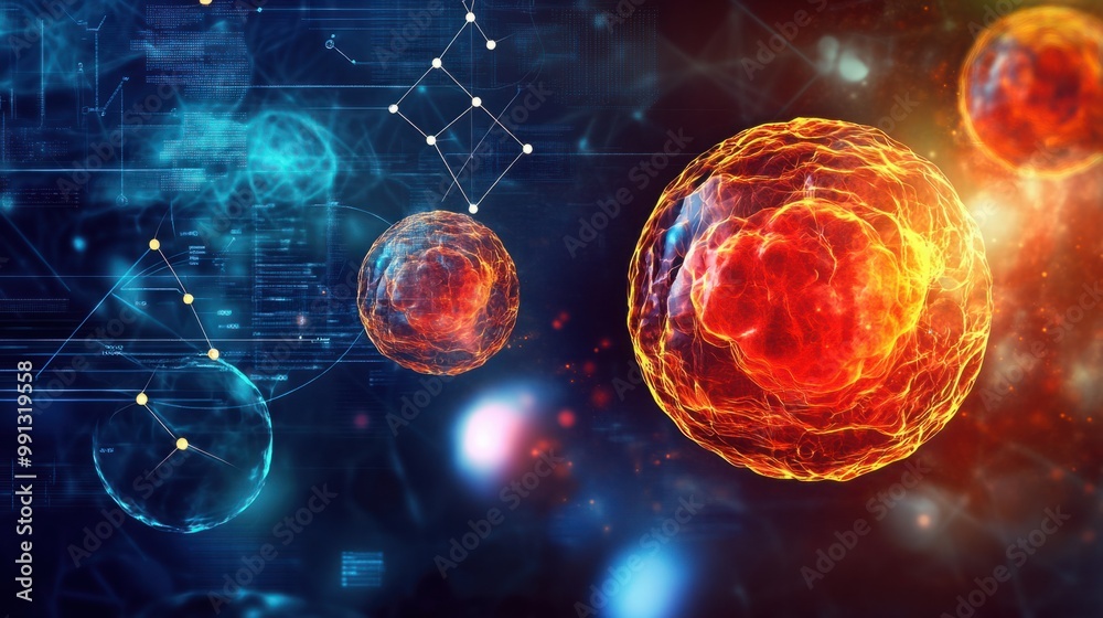 A vibrant image of stem cells growing in culture media, with scientific ...