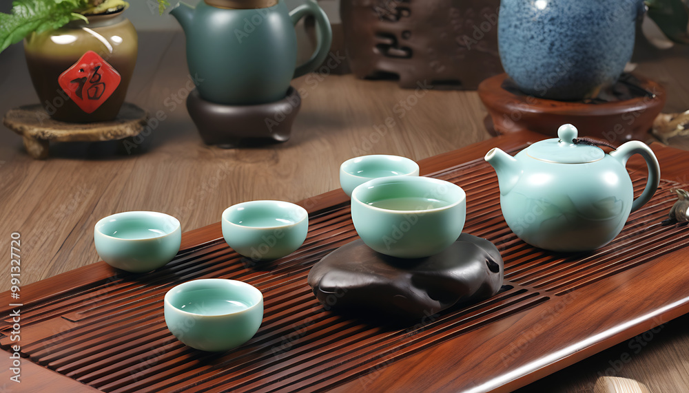 Artistic display of teapot, tea cup and the Four Treasures of the Study ...