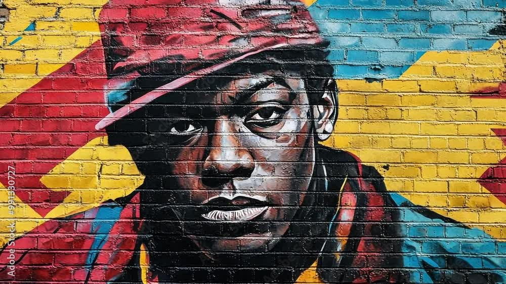 An iconic hip-hop artist's colorful graffiti on a brick wall, encircled ...