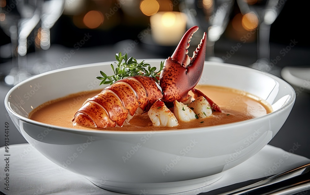 A gourmet lobster bisque served in a white bowl, garnished with a ...