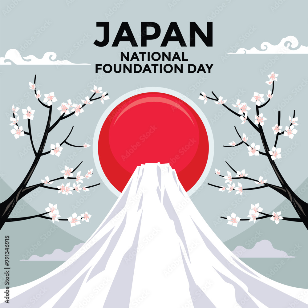 Japan National Foundation Day Illustration with Sunrise and Mount Fuji ...
