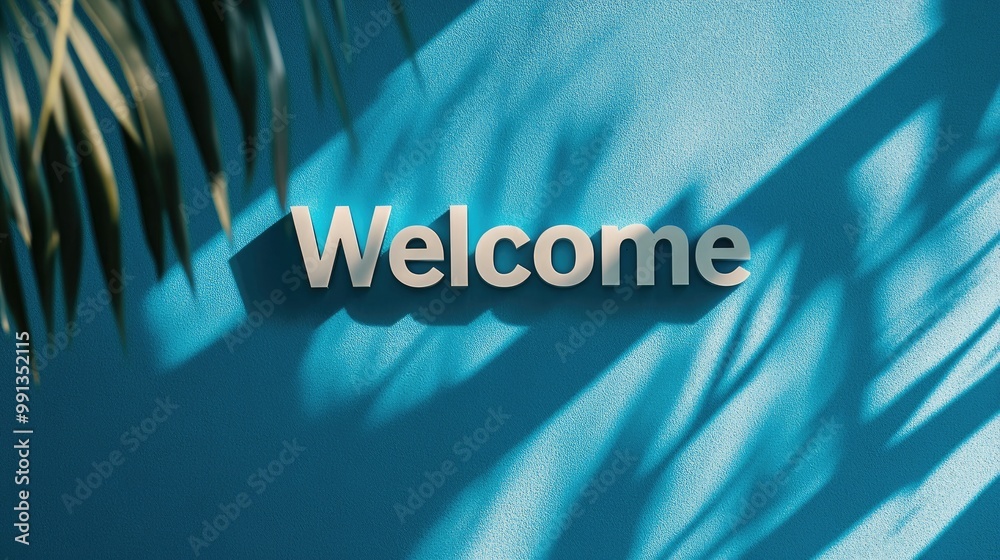 A minimalist "Welcome" sign in clean, sans-serif font, placed on a ...