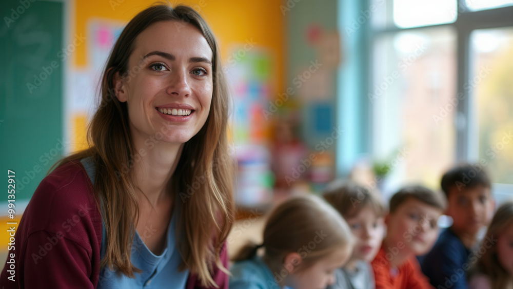 A friendly female teacher smiles warmly with her students in a classroom, emphasizing her ...