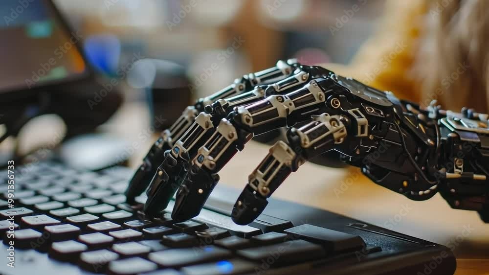 A woman using a prosthetic hand to type on a keyboard, the hand's sleek ...