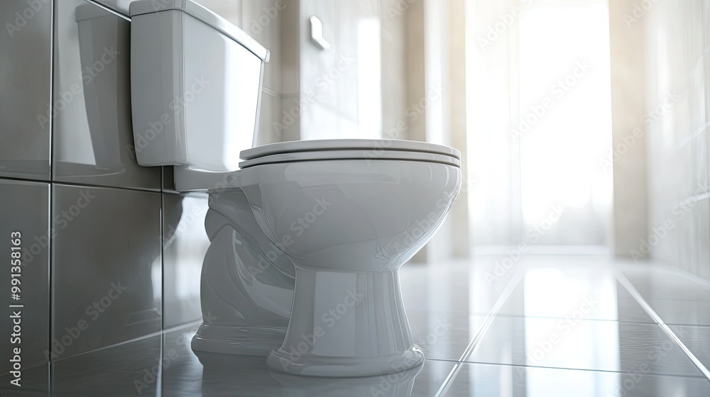 A newly installed white ceramic toilet bowl in a showroom setting ...
