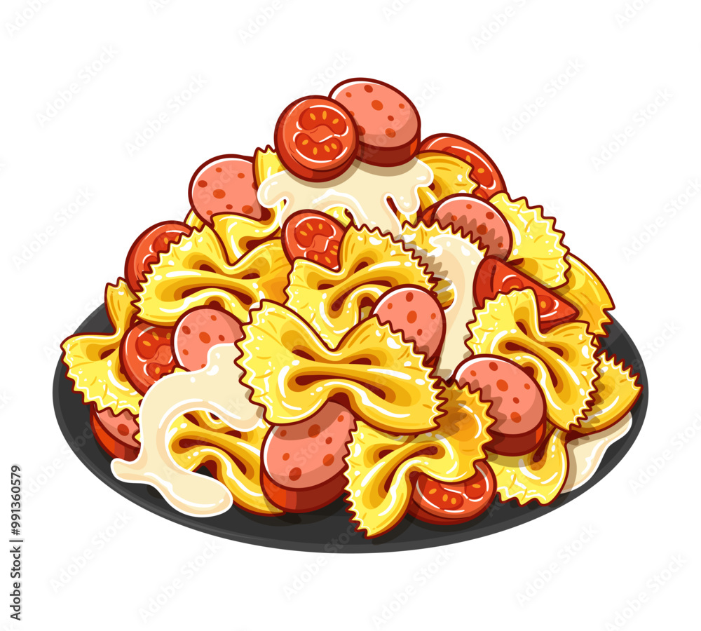 Farfalle Pasta illustration vector. Italian Farfalle with Sausage ...