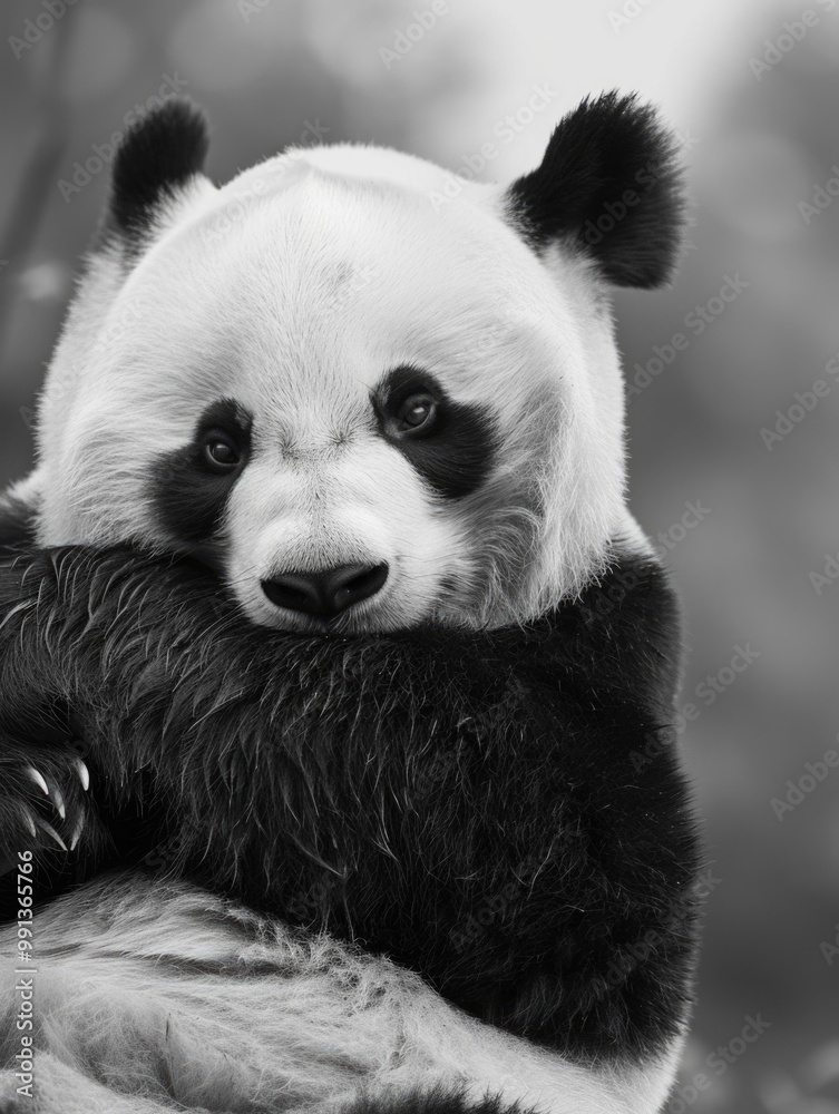 Cute panda bear cub looking directly at the camera with a neutral ...