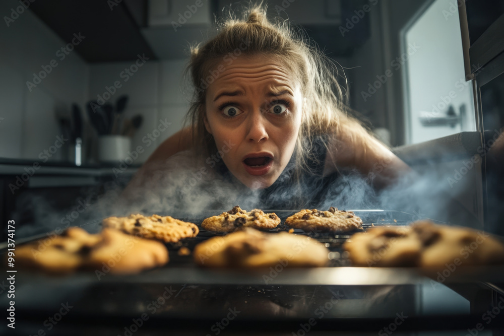 Young woman is staring with wide open eyes at a tray of burnt cookies ...