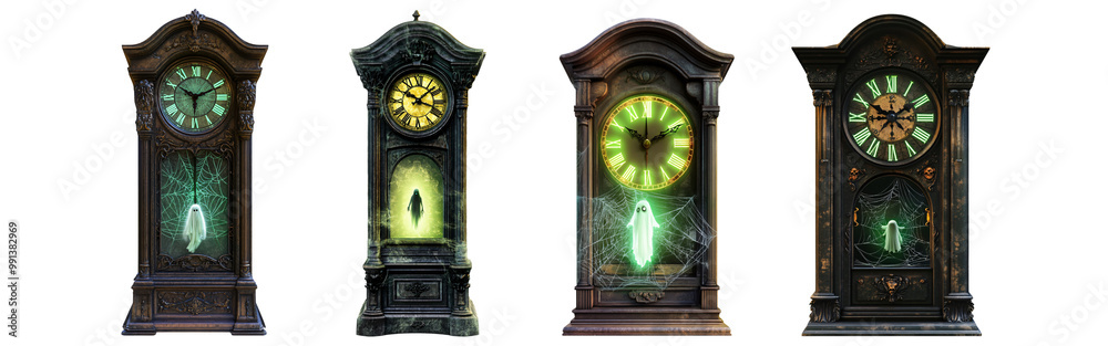 Creepy Grandfather Clock with Spider Webs, Green Numbers, and Ghostly ...