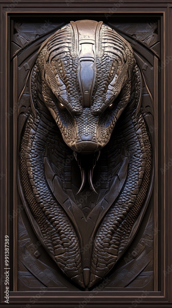 A detailed line art of a half-cobra, half-robot head, facing directly ...