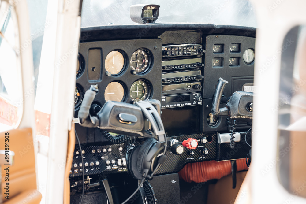 Dashboard cockpit plane, inside the small airplane. cockpit of a small ...