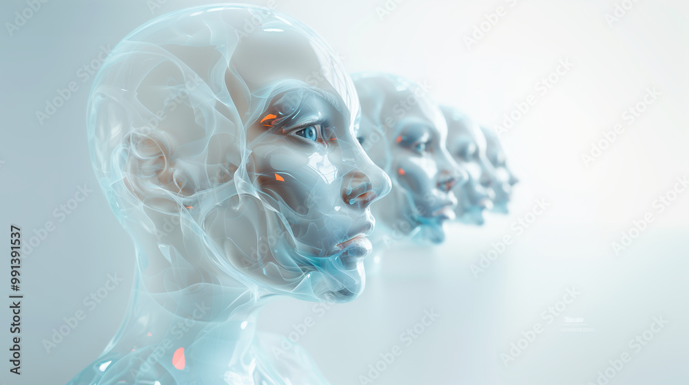 3d Abstract glass glossy white robot cyborg cyber human face head ...