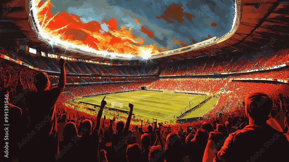 An overhead view of a stadium full of fans cheering in a stylized ...