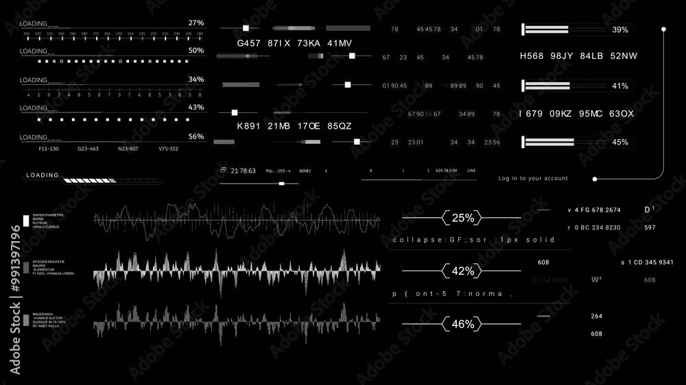 HUD equalizer 2GFX Technology Sci Fi 2D texture. HUD data technology text UI digital infographic ...