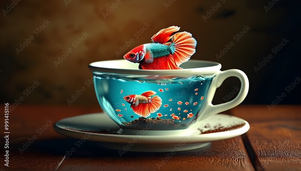 Surreal depiction of a vibrant betta fish swimming in a coffee cup ...