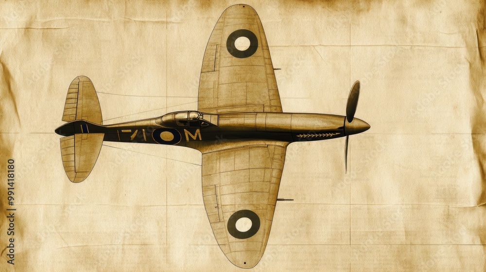 Detailed schematic of a Spitfire fighter aircraft showcasing its design ...