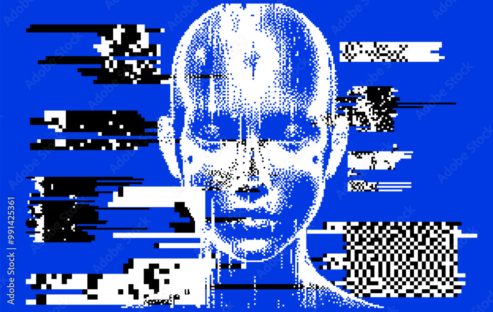 A collage of pixelated head silhouette and visual glitches on a blue ...
