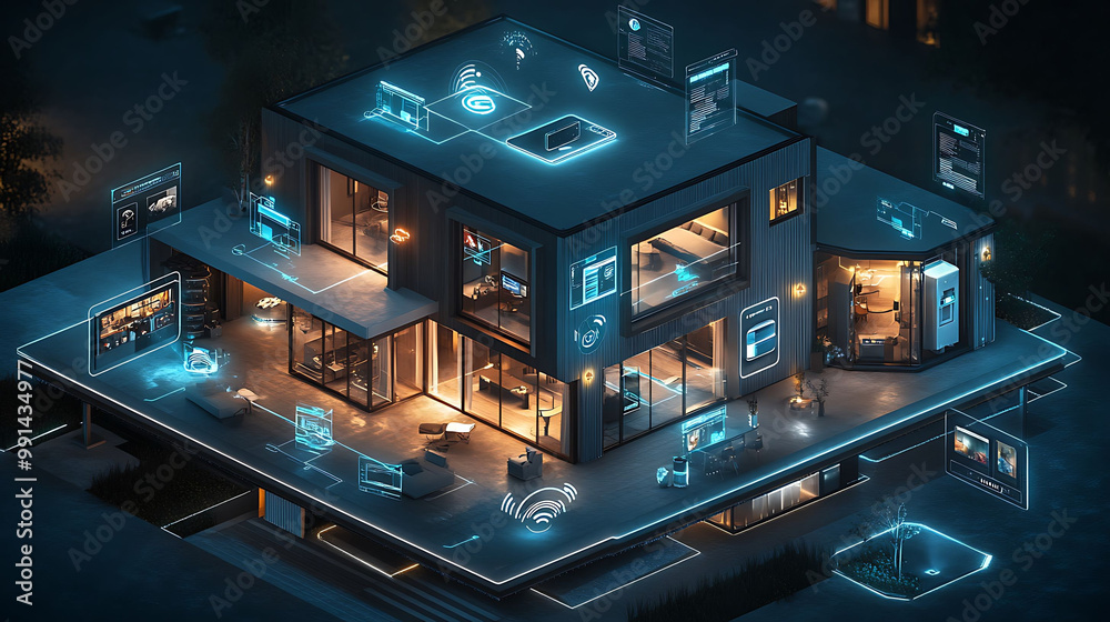 A modern, two-story house with glowing smart home devices and icons ...