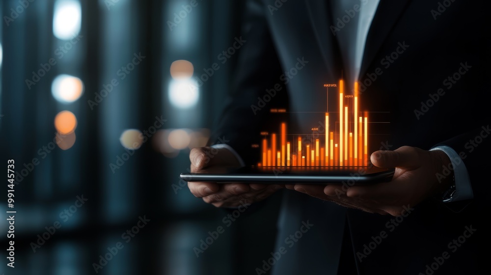 A corporate leader using a tablet to present key performance indicators ...