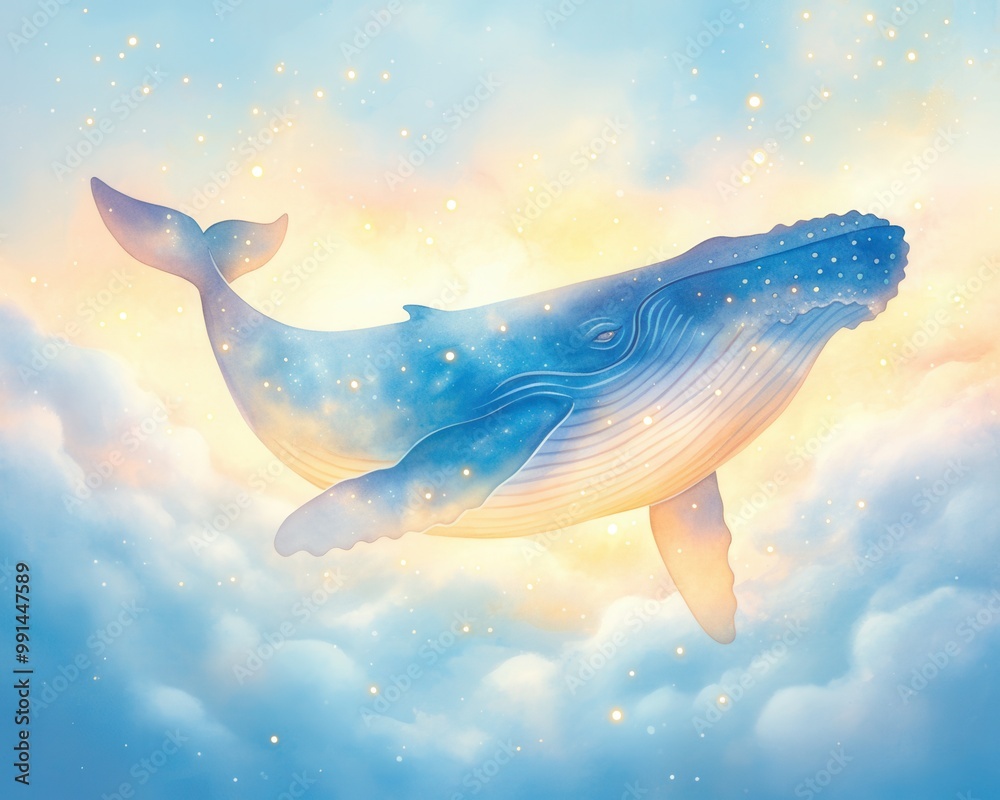 Enchanted frozen whale breaching through a glowing icy cloud Stock ...