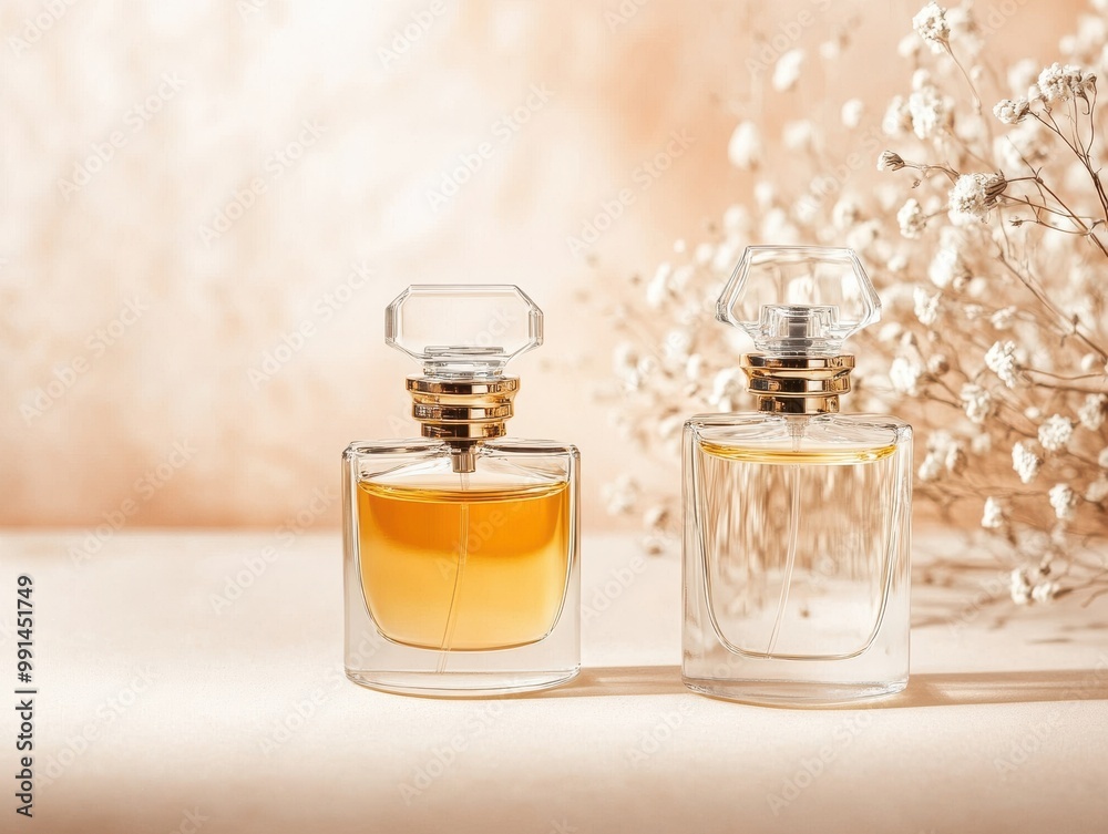 Elegant perfume bottles showcasing rich fragrances against a soft ...