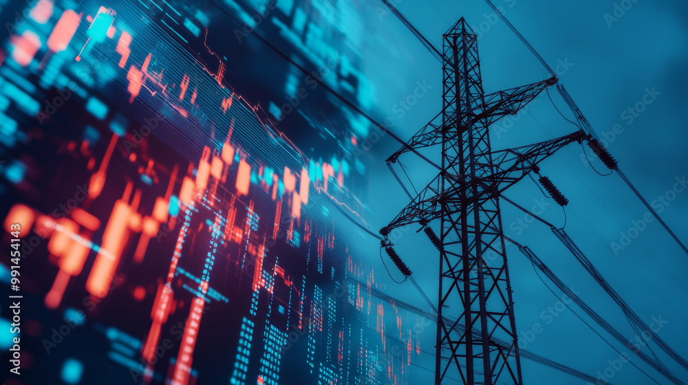The photo shows an electric pole against a background of a stock market ...