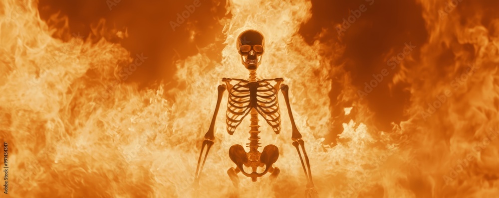 A skeletal figure with a burning ace of spades steps out of the flames ...