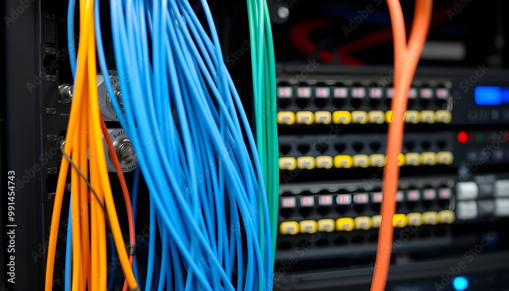 Server rack with fiber optic cables with switch ports. Electronic ...