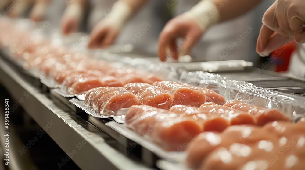Chicken fillets being packed by hand in a food processing factory ...