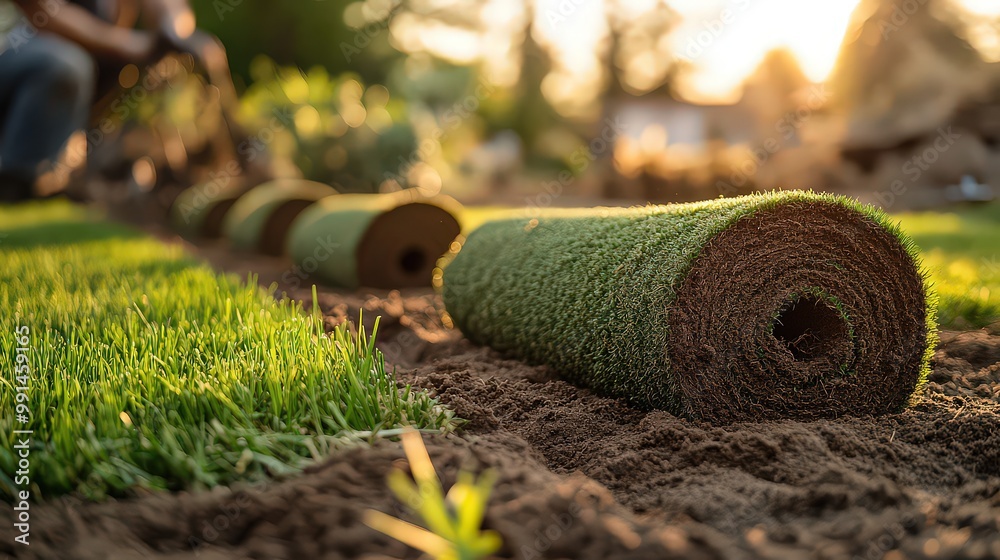 Rolls of turf being carefully laid over soil during landscaping project ...