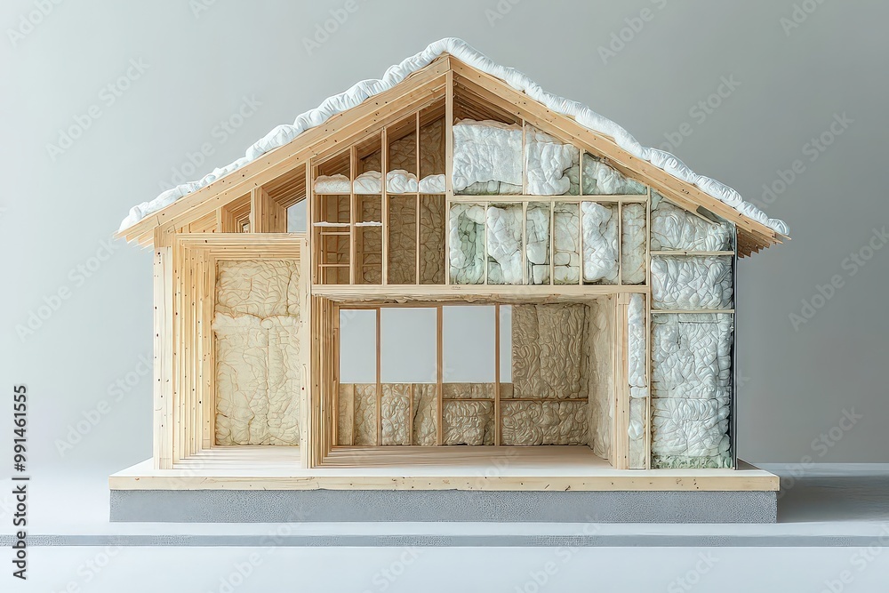 Model of a house showing its structural frame and foam insulation ...