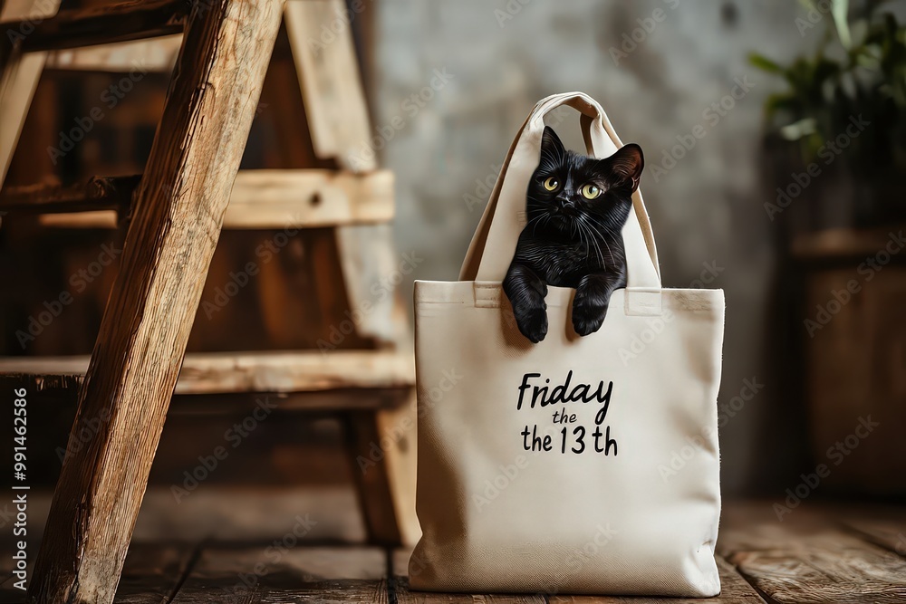 Black cat peeking out from a tote bag with "Friday the 13th" written on ...