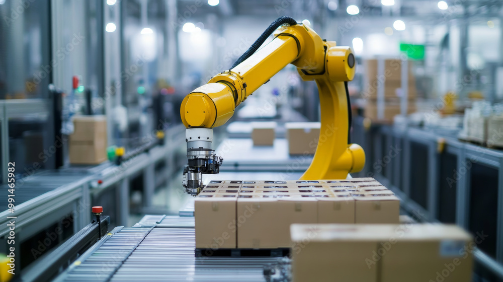 A robotic arm in a high-tech factory moves in different directions ...