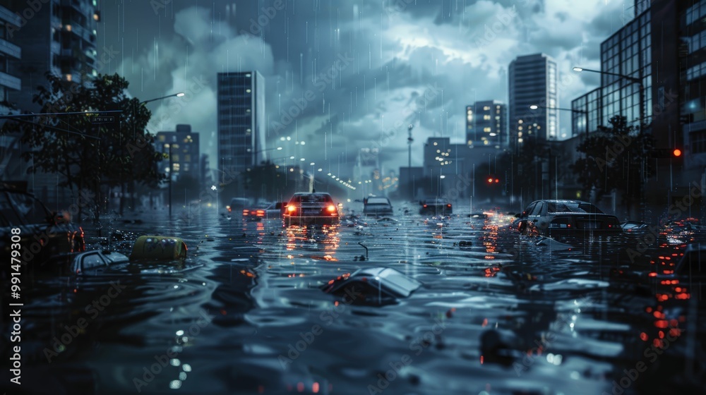 City Under a Gloomy Sky: A moody cityscape bathed in a downpour, with ...