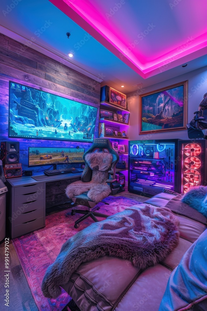 Modern Gaming Setup with High-End PC, Triple Monitors, RGB Lighting ...