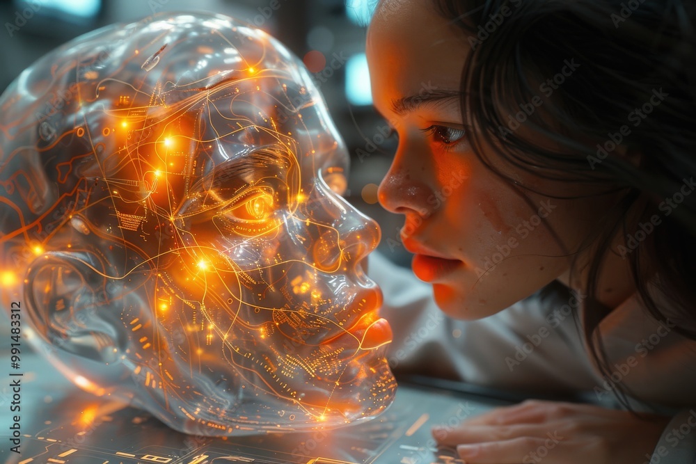 Futuristic Human Interaction with AI: Young Woman Engages with Illuminated Transparent Robot ...