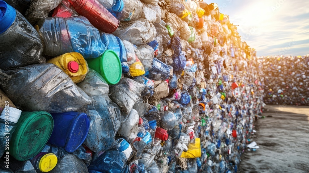 Stacked plastic bottles, cups, and packaging at a garbage dump ...